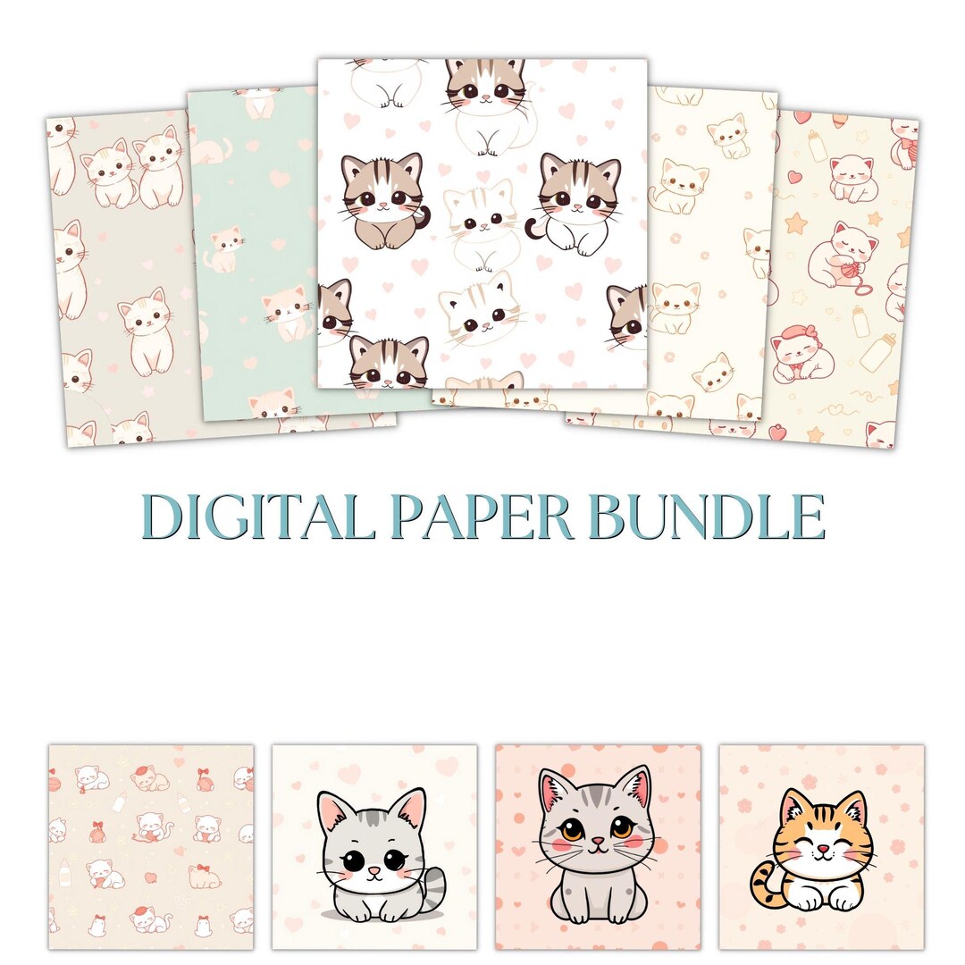 Kawaii Cute Kitty Digital Paper Pack 12x12, PDF and PNG, Pastel Cat ...