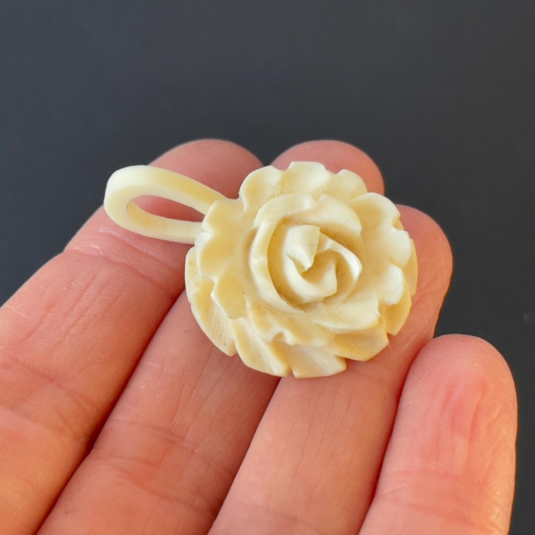 Antique/vintage Carved Bone Rose/flower Pendant - Hand-carved Bovine ...