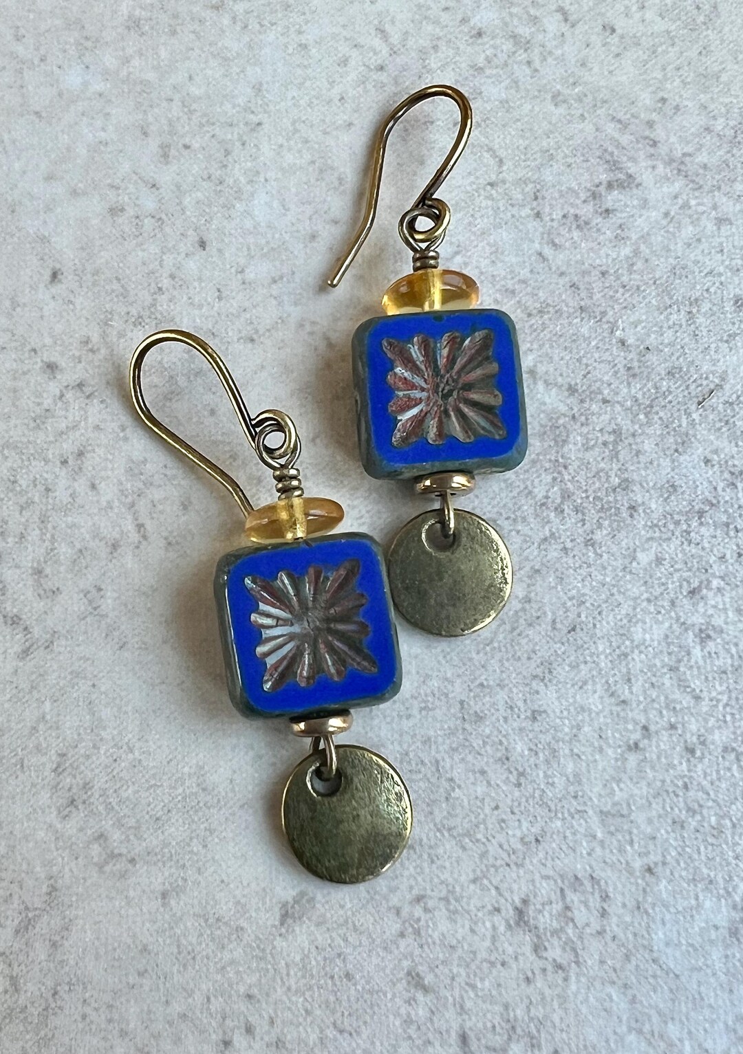 Blue Brass Earrings Royal Blue Square Earrings Blue Yellow Czech Glass ...