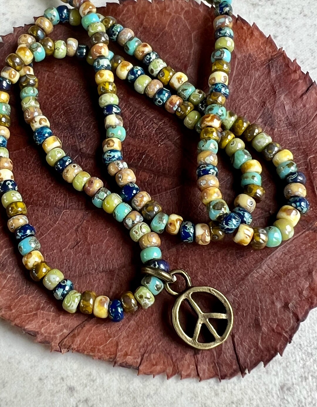 Small Glass Bead Peace Sign Necklace Multicolor Seed Bead Necklace Boho ...