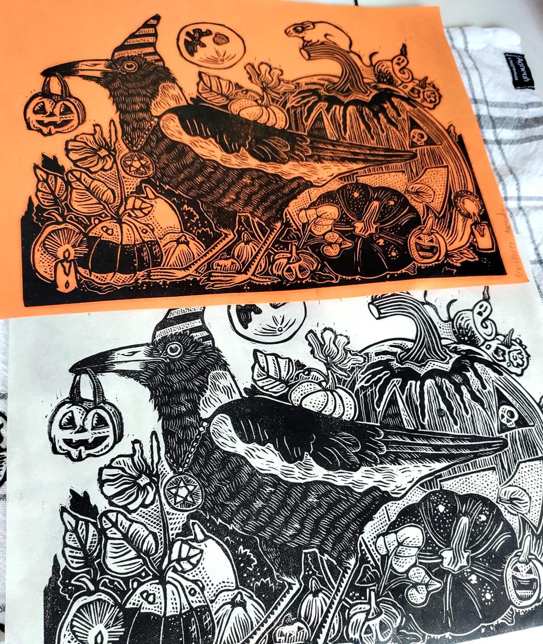 The Crow and the Pumpkins, Linocut Format 20x26cm - Etsy
