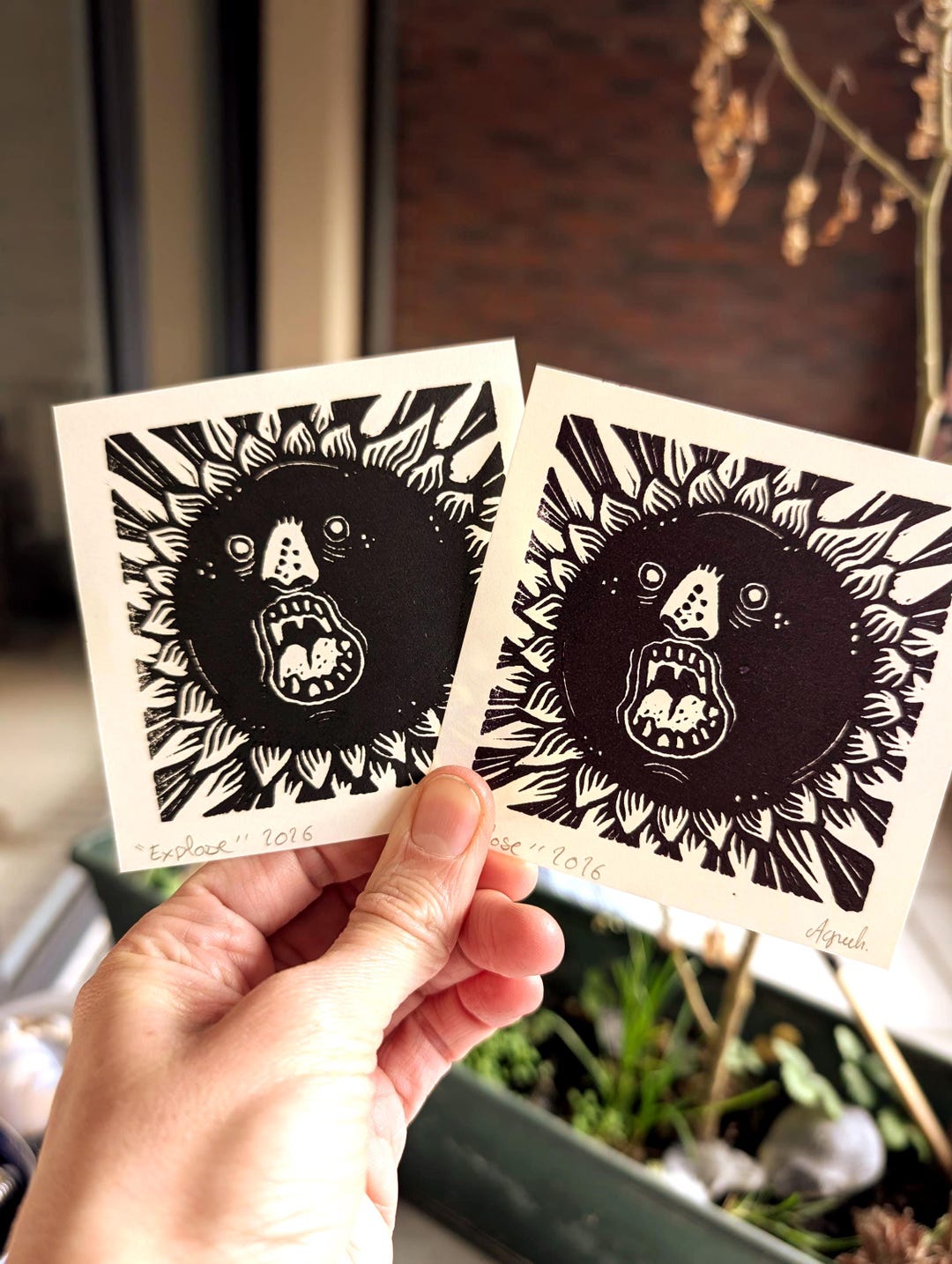 Linocut Sun Collection "spike" Format 8.5X8.5 Cm - Etsy