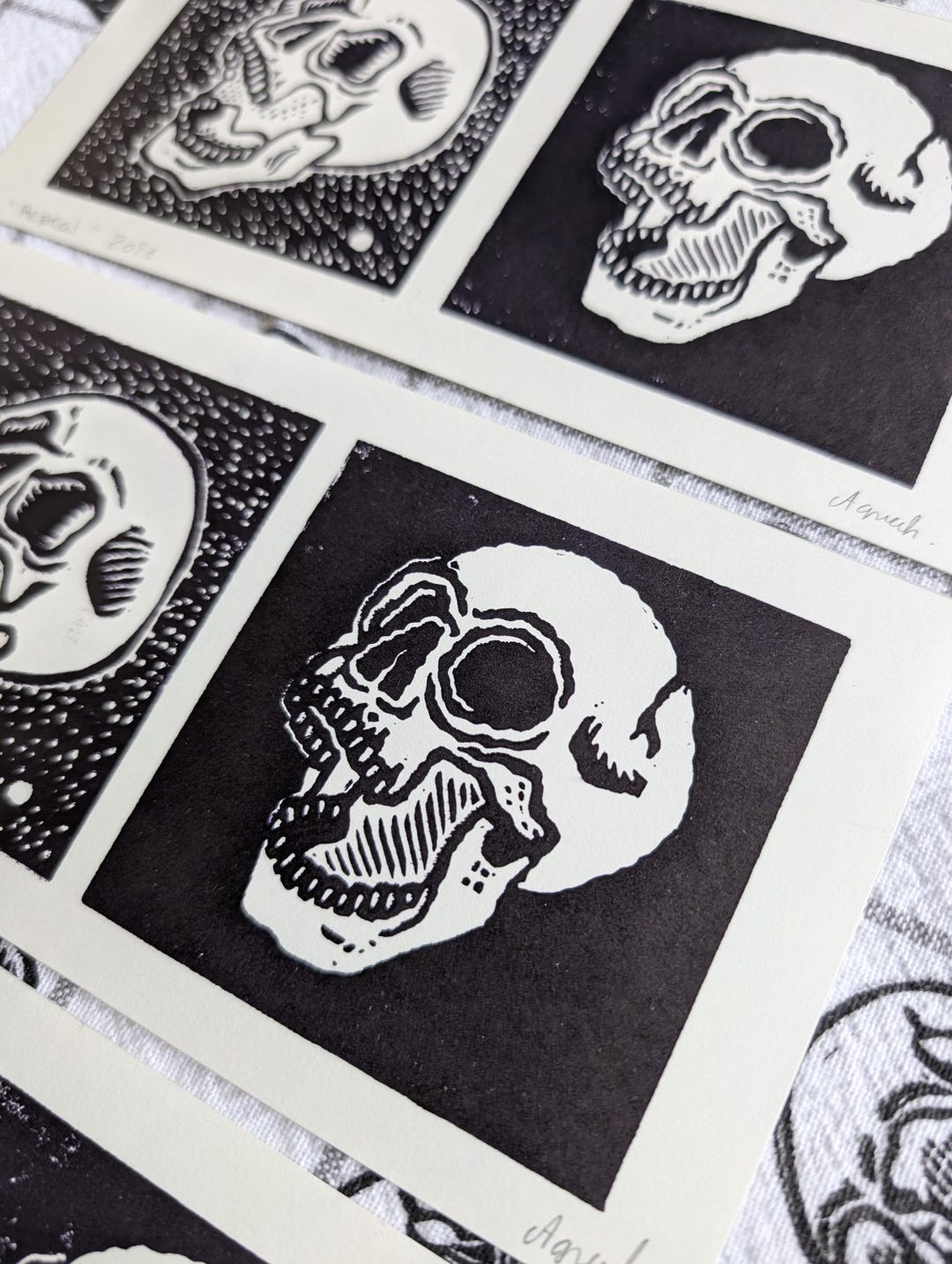 Linocut Smiling Skull "repeat" Format 9.5X18.5 Cm - Etsy