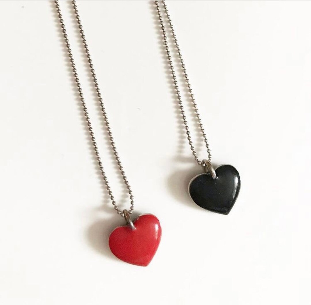 Silver Cold Enamel Heart Pendant Necklace Black and Red - Etsy
