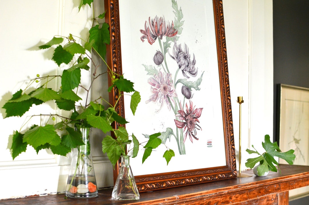 November Birth Month Flower Print With Chrysanthemums in Watercolor - Etsy