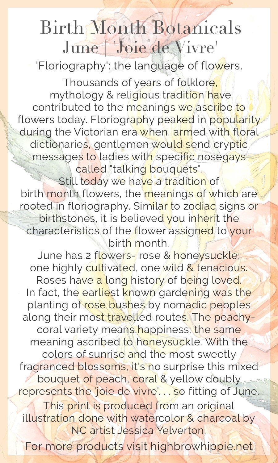 Rose, Honeysuckle, June, Birthday, Watercolor, Floral, Peach, Art ...