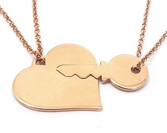 Sterling Silver Set of Heart and Key Necklace Couples - Etsy