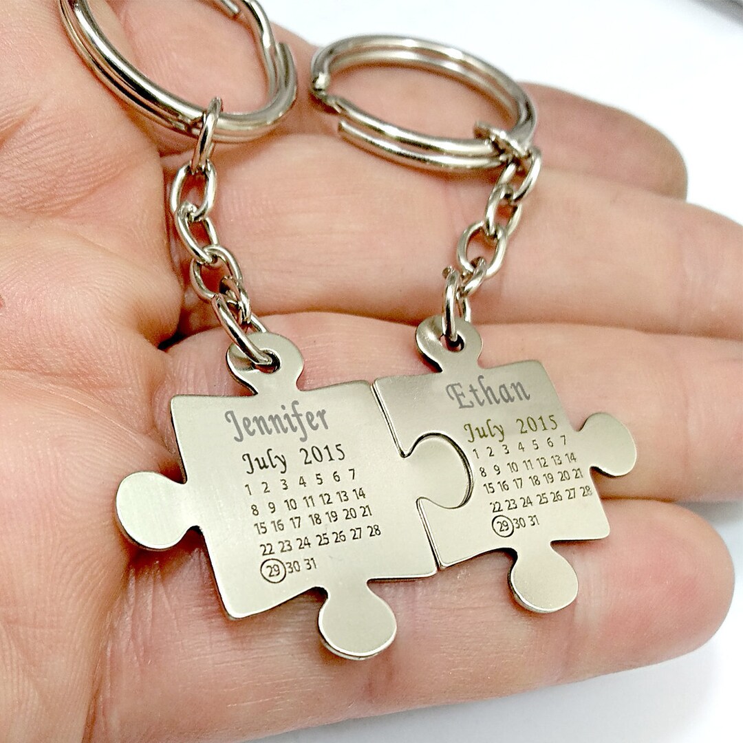 Personalized Puzzle Keychain With Date on Calendar and Names , 2 ...