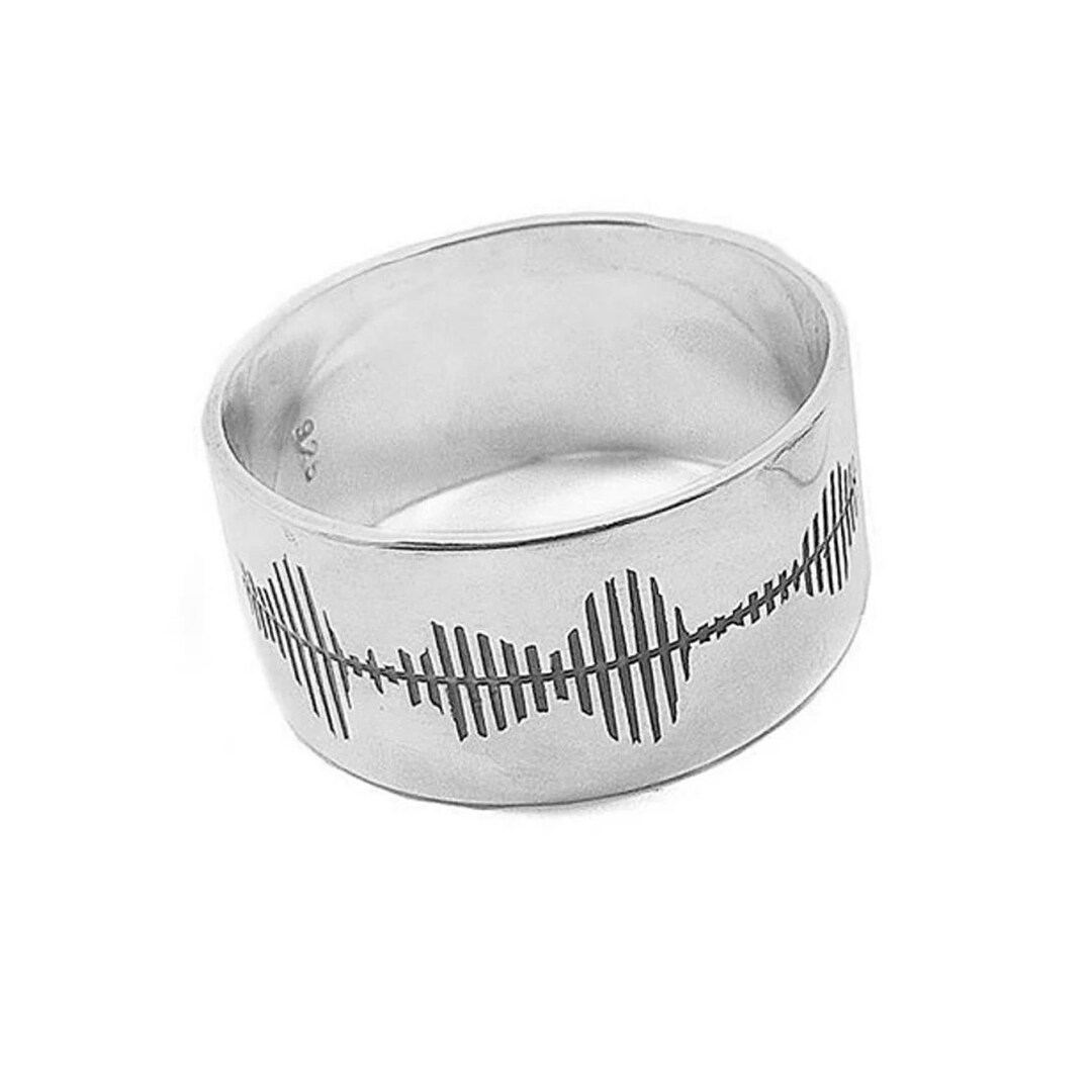 Sterling Silver Ring 10mm With Engraved Soundwave + Qrcode Printed on a ...