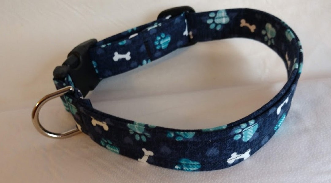 Navy Dog Collar: Custom Paw Print & Bone Cotton Collar - Etsy