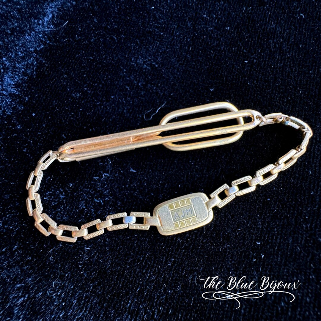 Vintage Tie Bar With Chain Enameled Initials AJM - Etsy