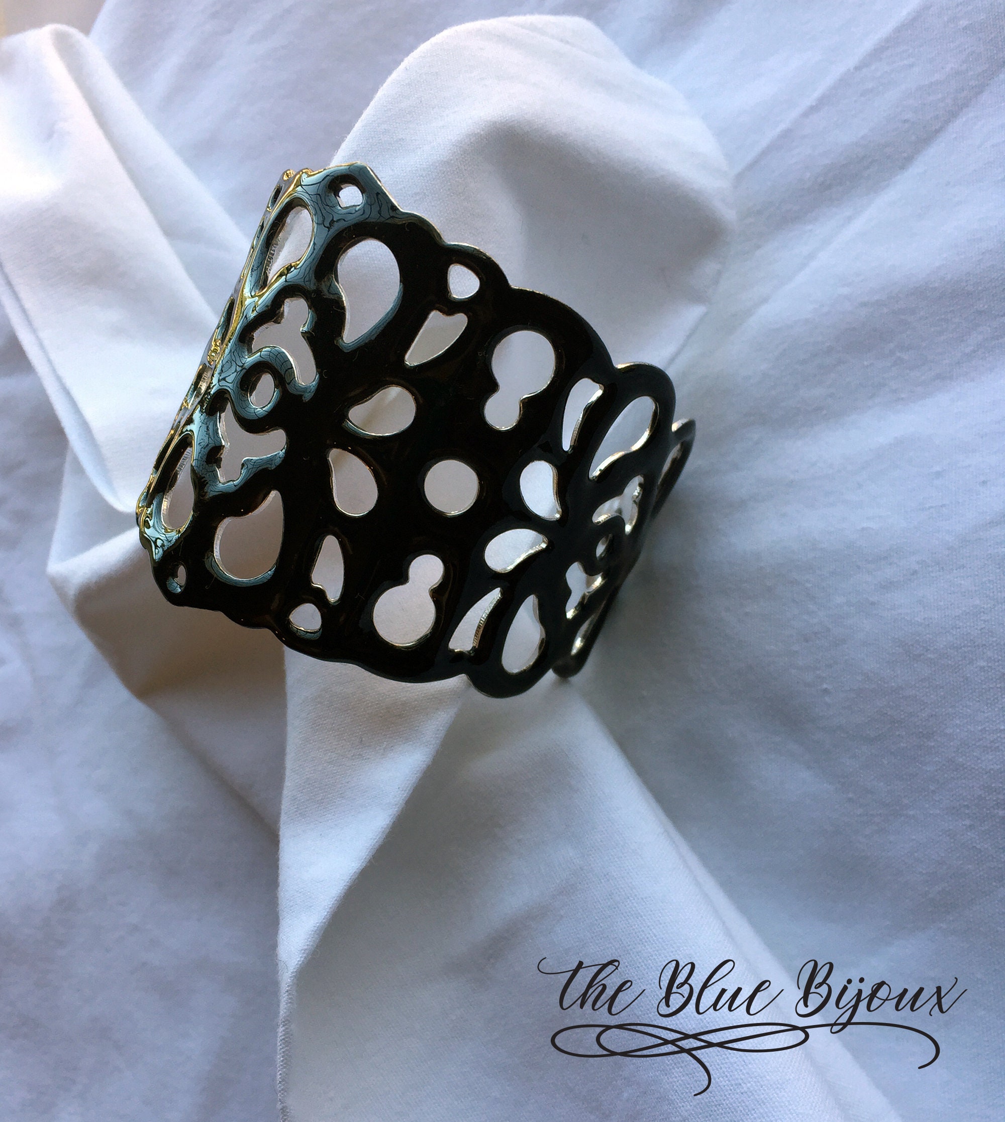 Black Enamel Scrolling Cuff Bracelet - 1980s Silver Plated Design - Etsy