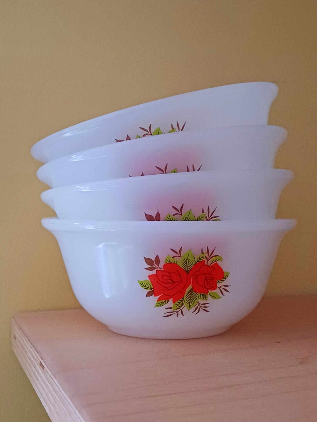 Set of Four Phoenix Opalware Red Rose Floral Milk Glass Bowls, Retro ...