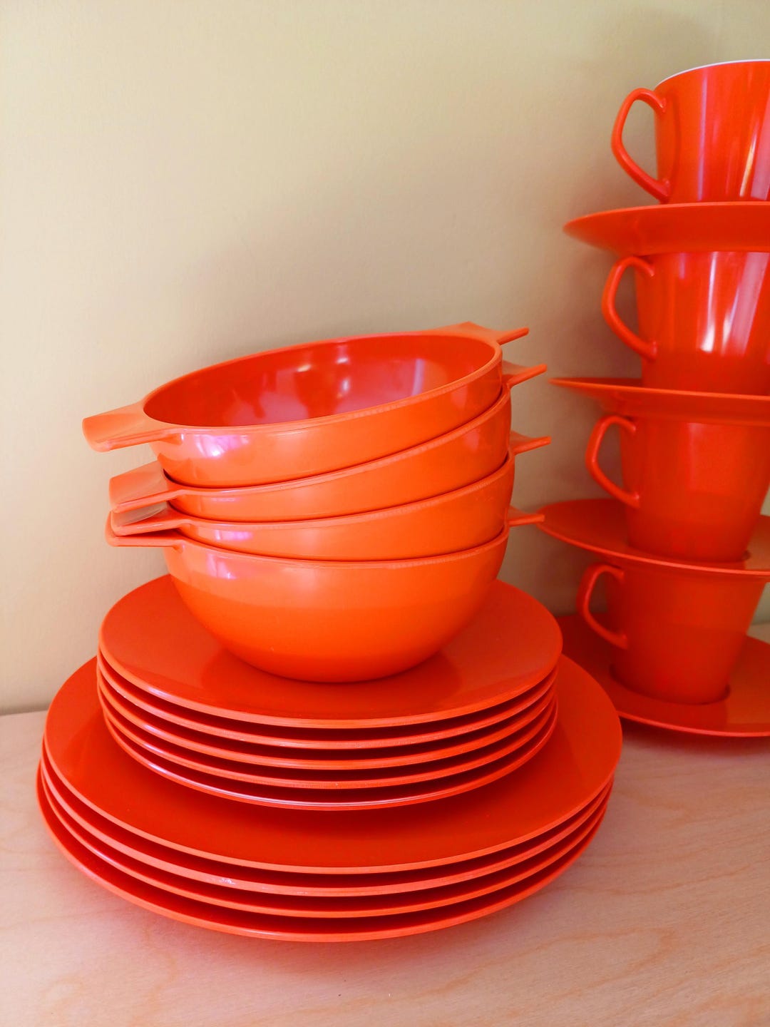 Retro 70s Melaware Orange Cups & Saucer, Bowls, Side + Dinner Plates ...