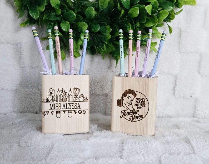 Personalized Teacher Pencil Holder, Engraved Wood Desk Organizer - Etsy