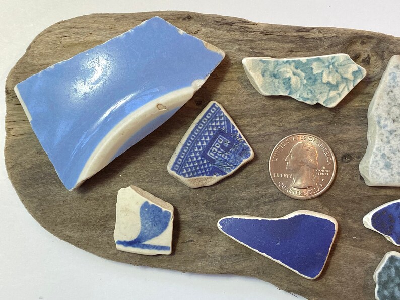 Blue and White Pottery Pieces, Blue Beach Pottery, Sea Pottery, Genuine ...