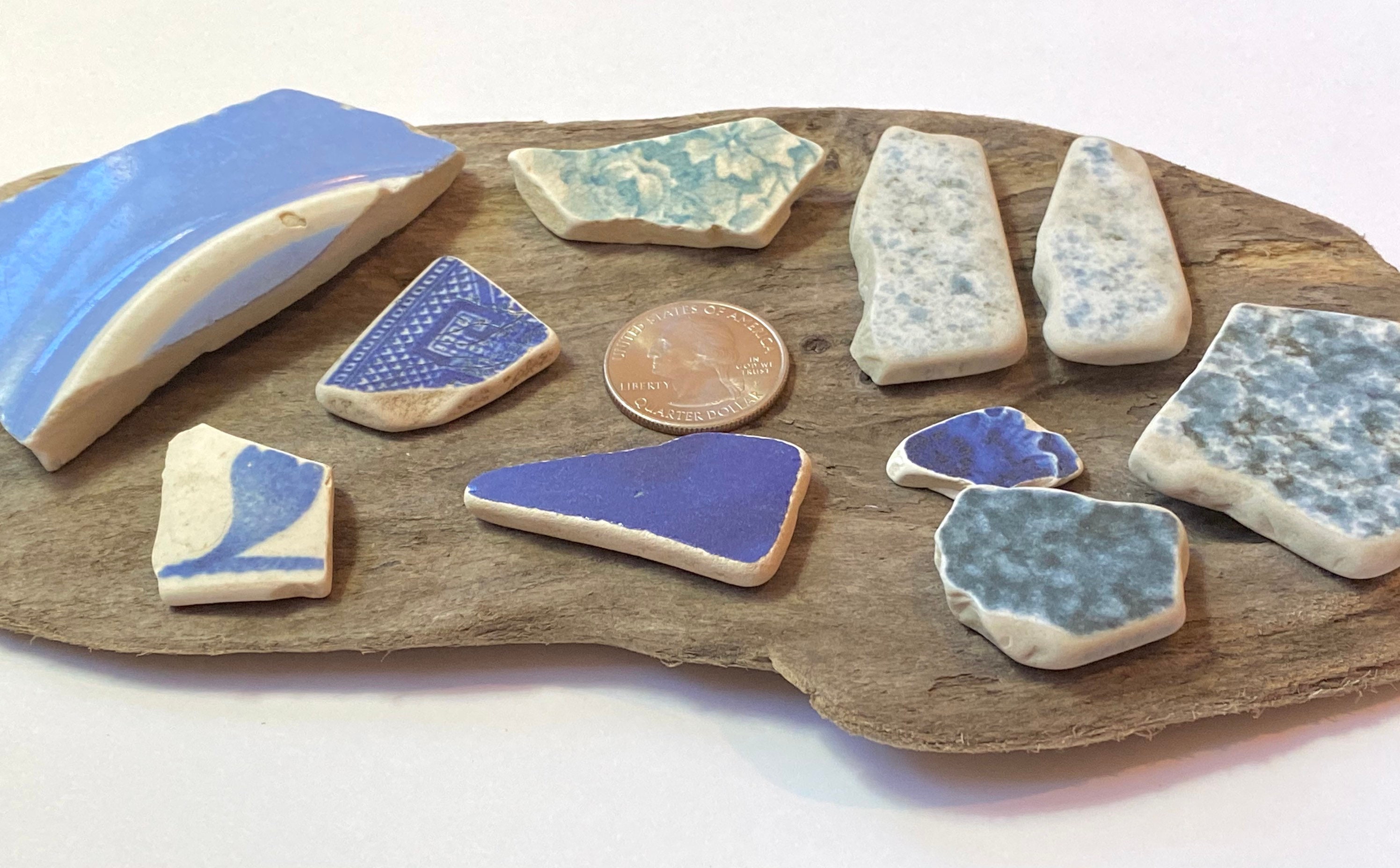 Blue and White Pottery Pieces, Blue Beach Pottery, Sea Pottery, Genuine ...