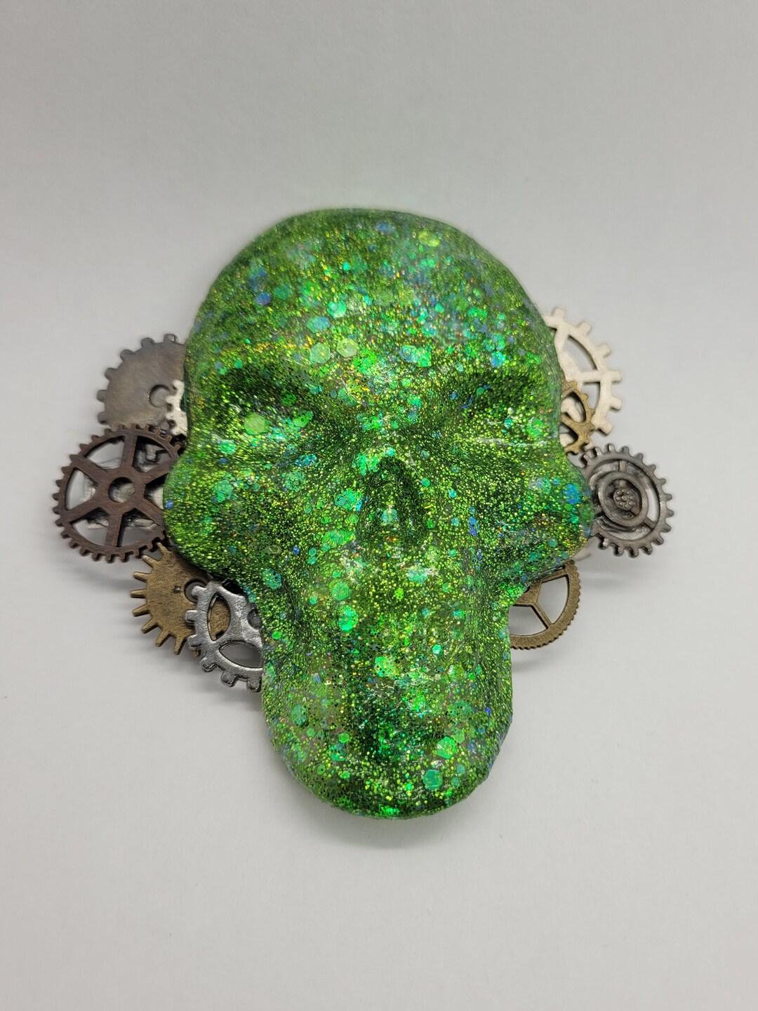 Green Skull Barrette- Large French Style Stainless Steel Clip- Glitter ...
