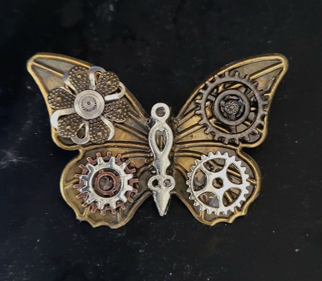 Steampunk Butterfly Pin- Handmade Cyberpunk Brooch- Recycled Watch ...
