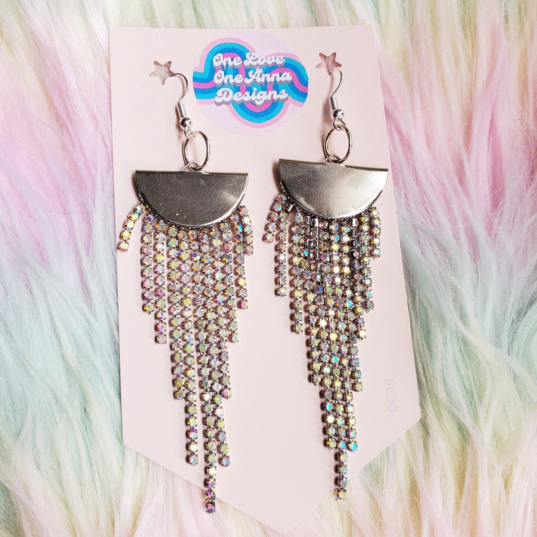 Long Disco Drip Iridescent Gem Fringe Dangle Earrings - Etsy