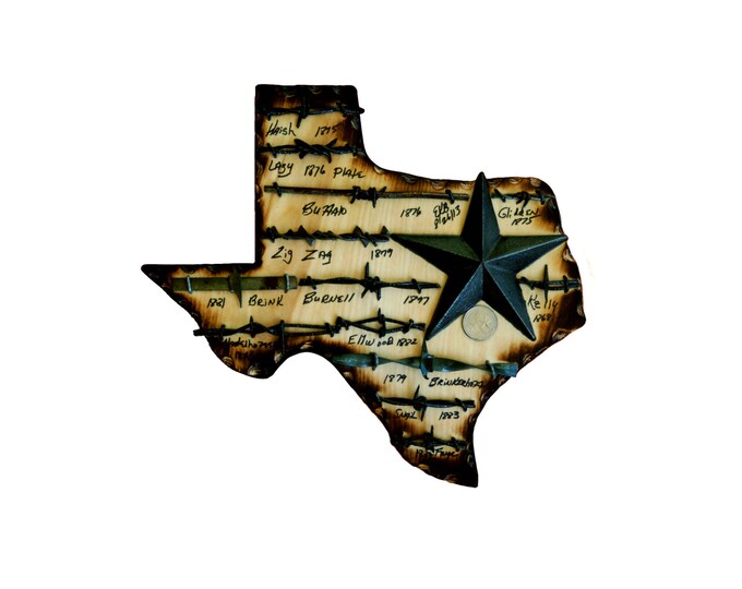 Texas State Plaque With Antique Barbed Wire, Metal Star and Texas Coin ...