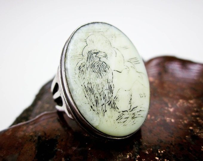 Scrimshaw Hawk, Bone & Sterling Ring, Inuit Vintage Signet, Pacific ...