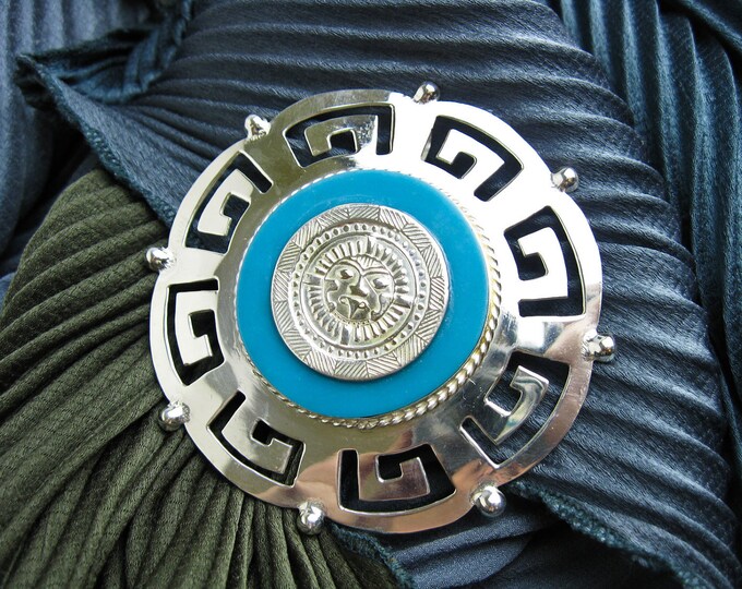 1950s Mid Century 3" Aztec Sun Dial Pendant Necklace/ Pin W. Turquoise ...