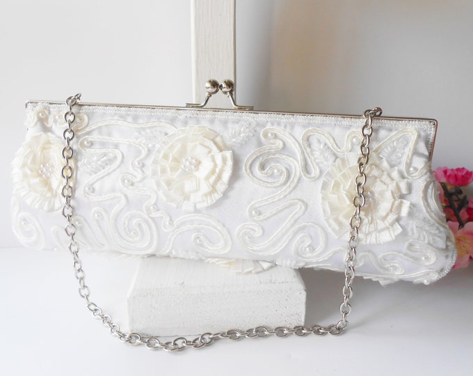 Vintage White Clutch Purse With Floral Trim, Bridal Clutch Bag, White ...