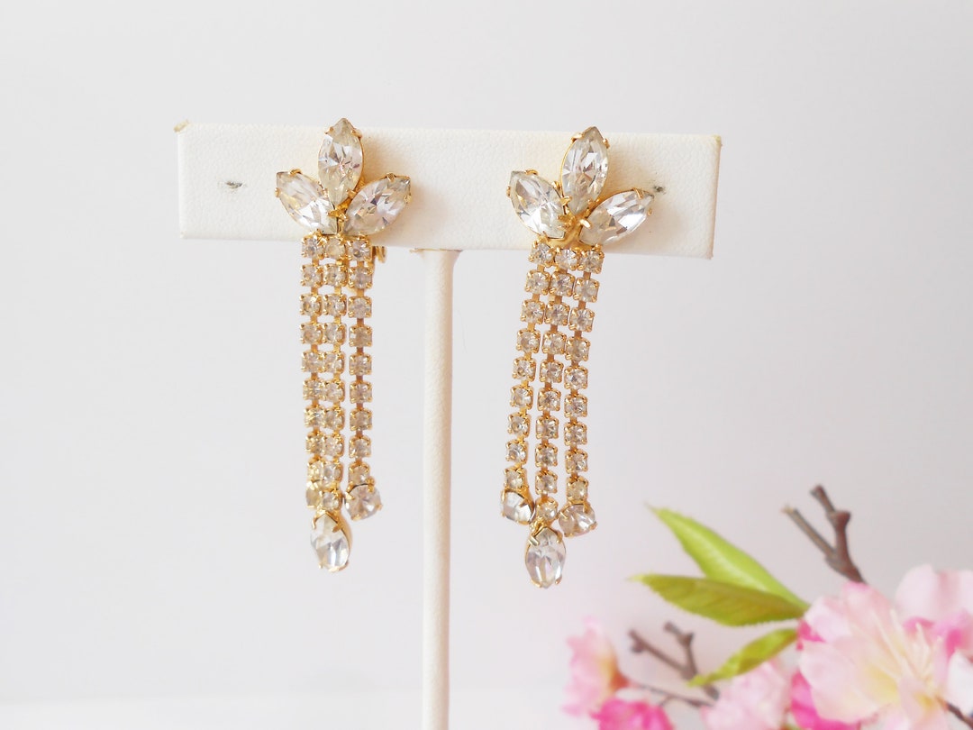 Rhinestone Waterfall Design Earrings, Vintage Rhinestone Dangles, Diva ...