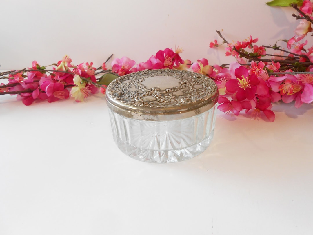Vintage Glass Powder Jar With Silver Lid and Powder Puff, Luxury Vanity ...