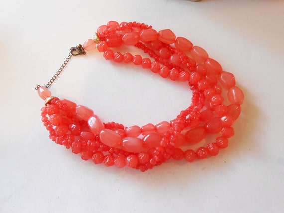 Watermelon Red Bead Necklace, 5 Strand Necklace, Colo… - Gem