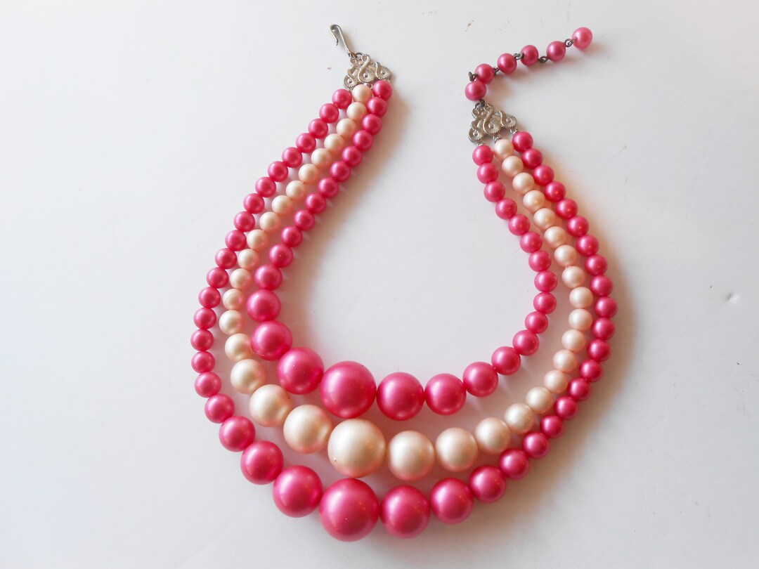 Pink Pearl Bead Necklace, Bright and Blush Pink Pearl Beads, Triple ...
