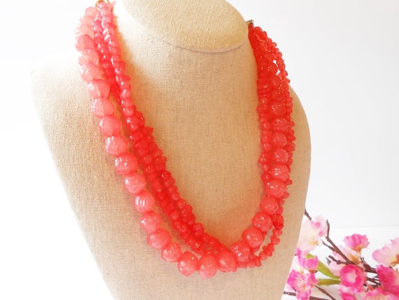 Watermelon Red Bead Necklace, 5 Strand Necklace, Colo… - Gem