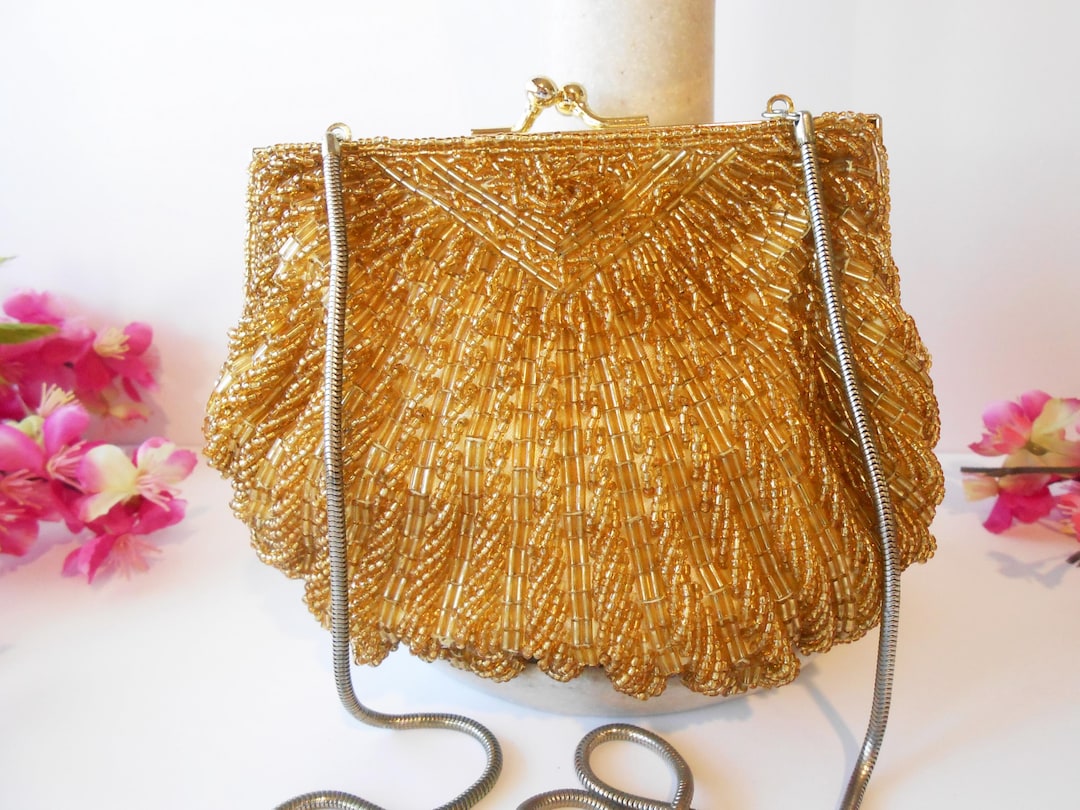 Gold Beaded Evening Bag, Clamshell Design, Beaded Clutch Handbag, After ...