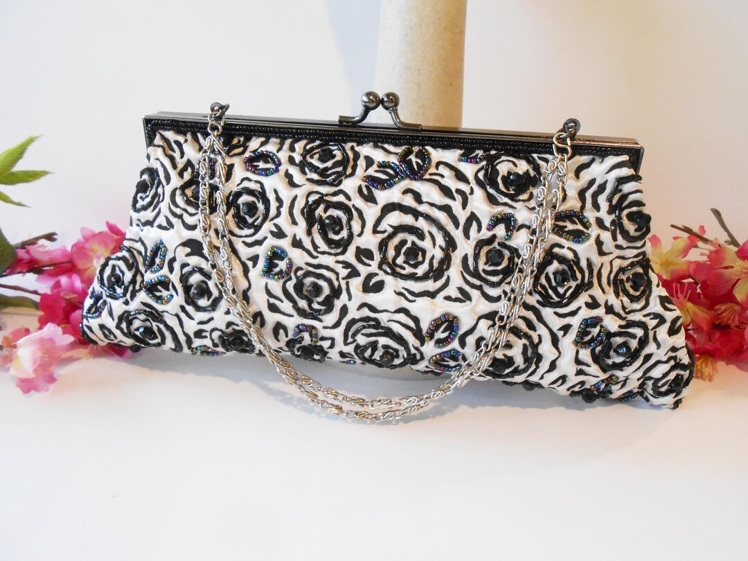 Vintage Beaded Clutch Bag, Black White Copper Beading, Glitzy Beaded ...