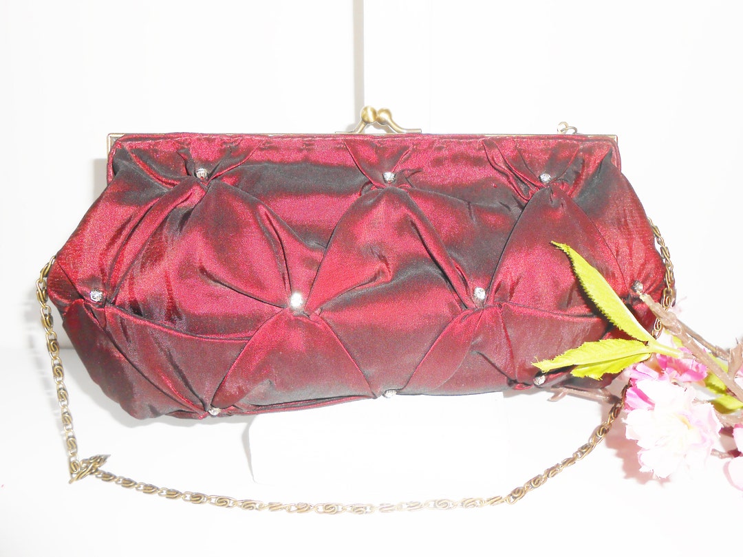 Vintage Deep Red Clutch Bag With Rhinestone Trim, Glamorous Red Evening ...