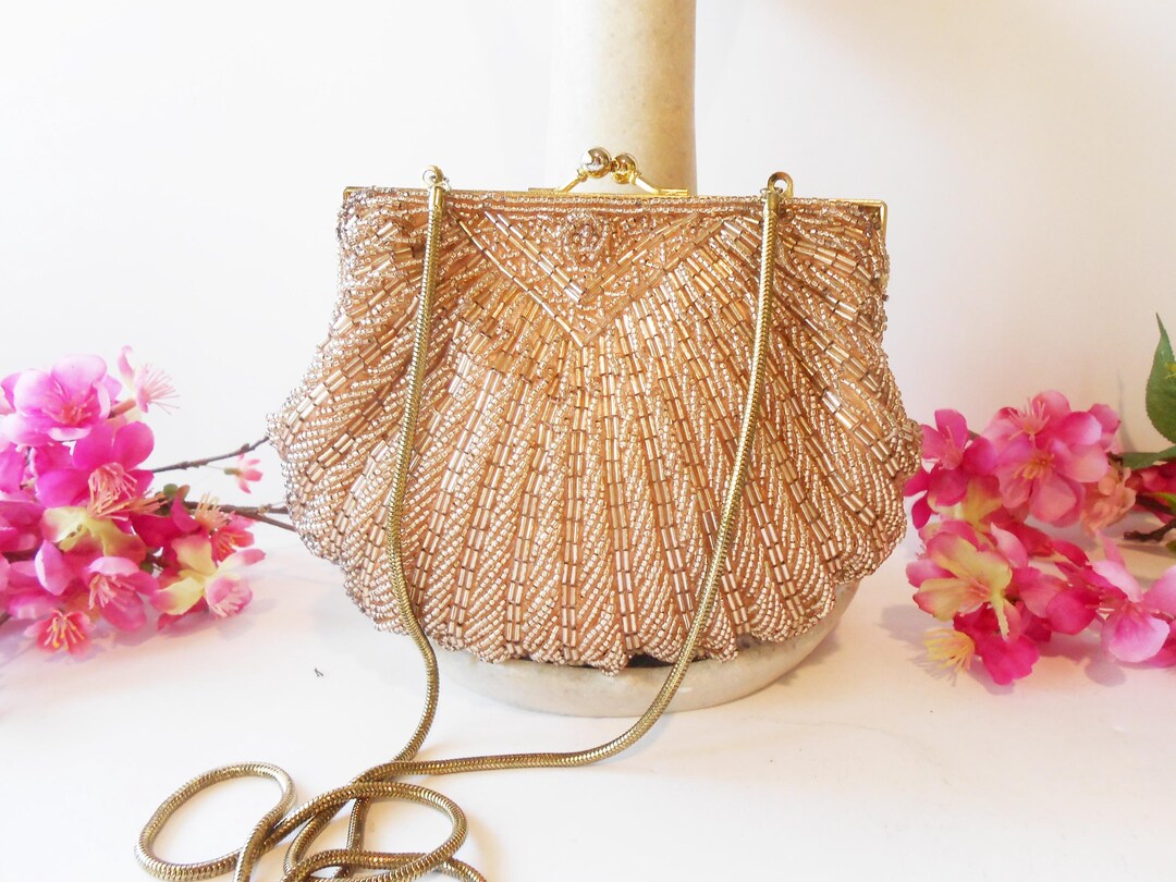 Vintage Gold Bead Evening Bag, Glamorous Clamshell Design, Gold Beaded ...
