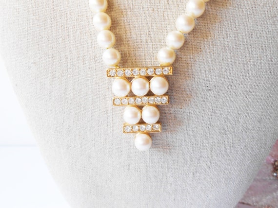 Pearl Necklace with Pearl Rhinestone Drop, Vintage Mo… - Gem