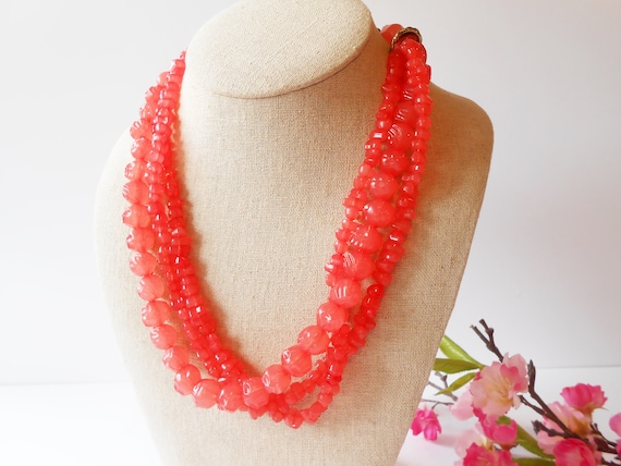 Watermelon Red Bead Necklace, 5 Strand Necklace, Colo… - Gem