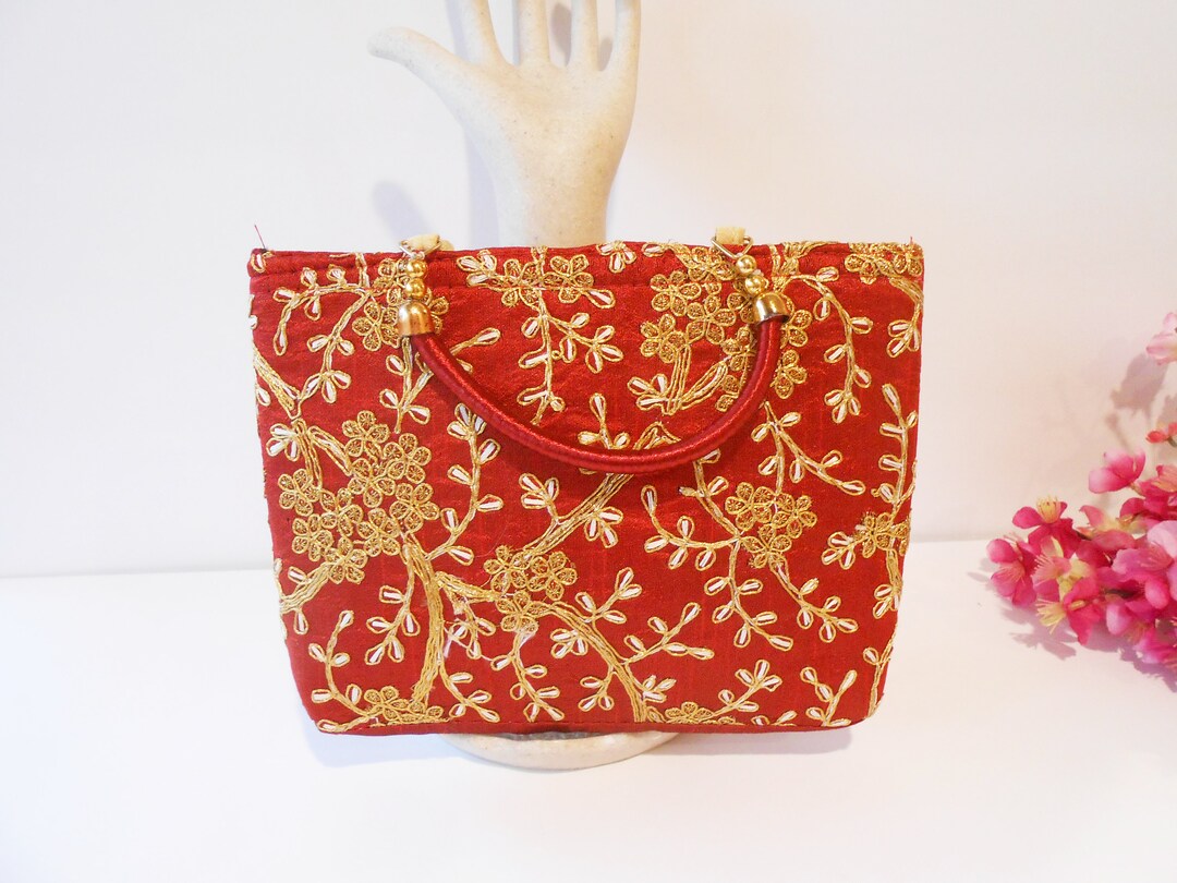 Red Handbag Gold Accents, Red Gold Handbag, Metallic Embroidery ...