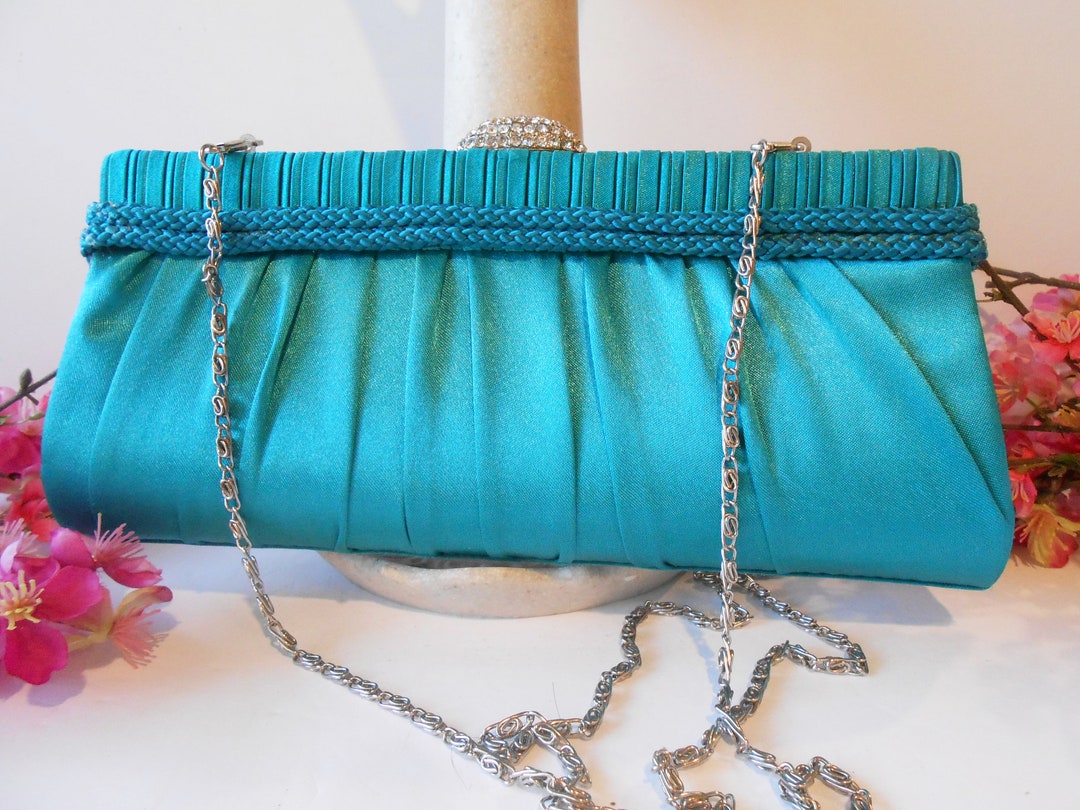 Vintage Teal Evening Bag, Teal Satin Clutch Bag, Cocktail Purse, Mother ...