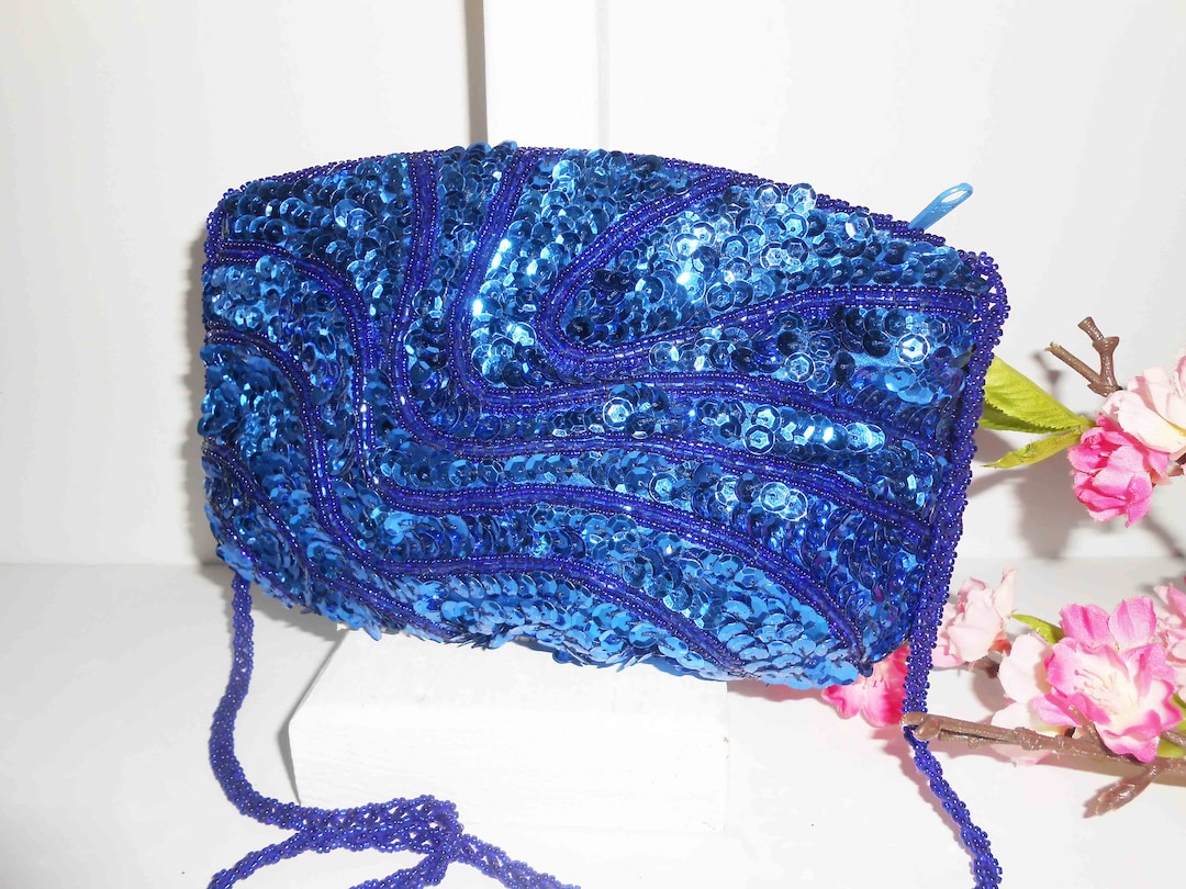 Blue Sequin Evening Clutch Bag With Cord Strap - Etsy