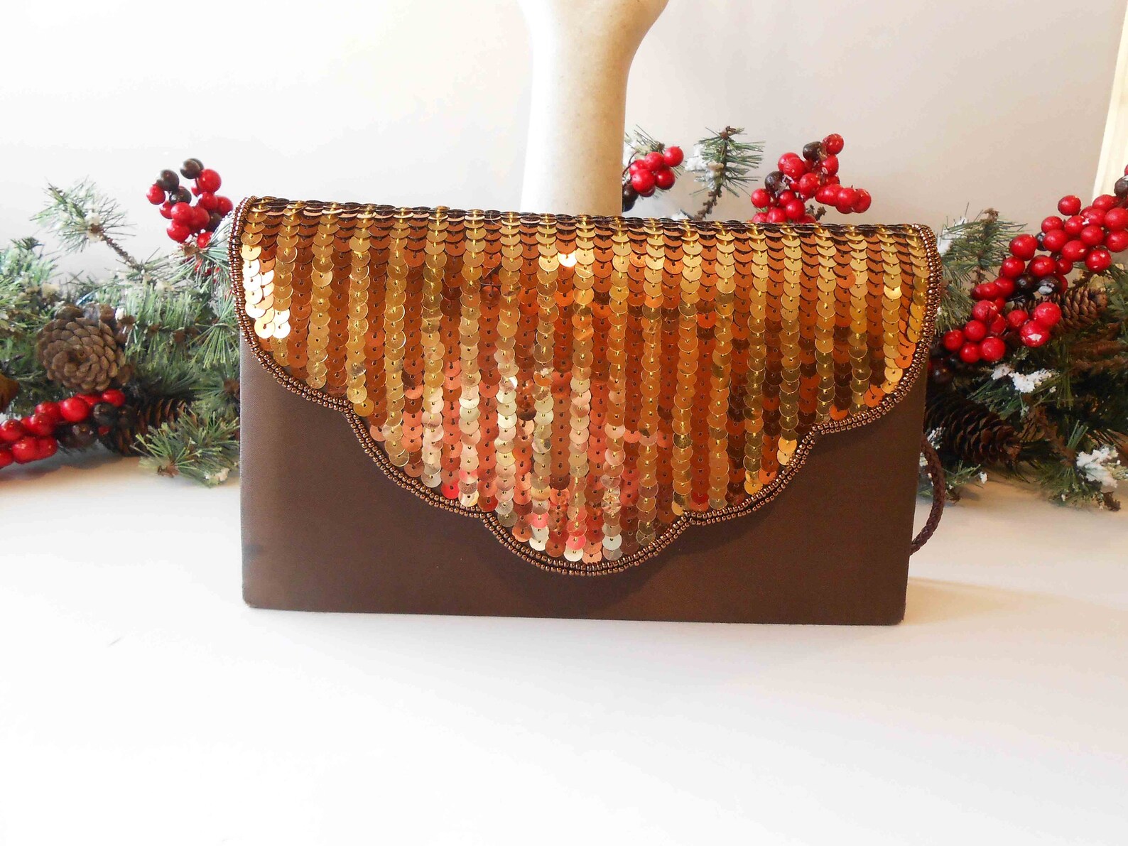 Brown Copper Beaded Evening Bag, Vintage Beaded Purse, Special Occasion ...