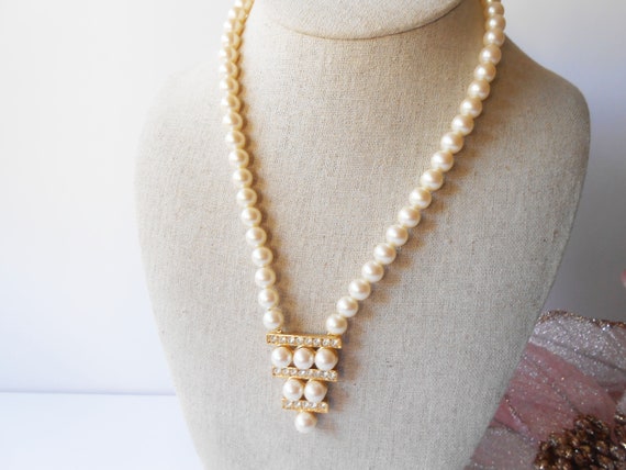 Pearl Necklace with Pearl Rhinestone Drop, Vintage Mo… - Gem