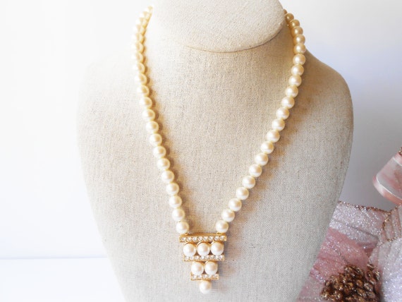 Pearl Necklace with Pearl Rhinestone Drop, Vintage Mo… - Gem