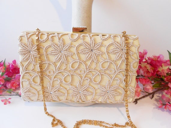 Champagne Taffeta Handbag, Metallic Braid Accents, Mo… - Gem