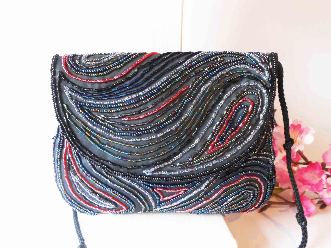 Vintage Black Beaded Evening Bag by Walborg. Multi Color - Etsy