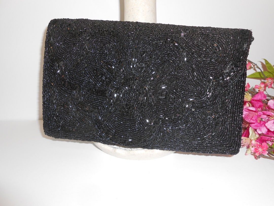 Black Beaded Clutch Purse, Black Bead Evening Bag, After Five Bag ...
