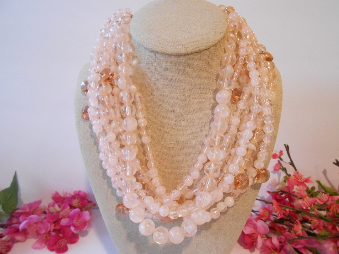 Blush Pink Bead Necklace, Seven Strand Pink Clear Beads, Jewelry Gift ...