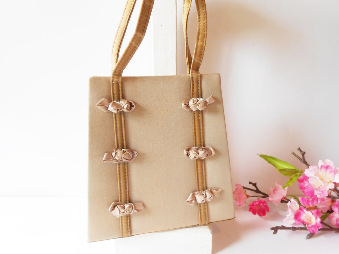 Vintage Taupe Taffeta Handbag, Metallic Taffeta Bag With Bow Trim ...